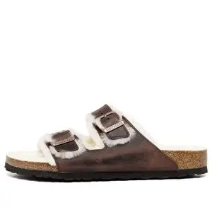 BIRKENSTOCK Arizona Shearling Oiled Leather Slides - Brown