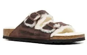 BIRKENSTOCK Arizona Shearling Oiled Leather Slides - Brown