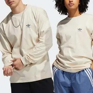 Adidas Solid Color Logo Round Neck Long Sleeves Beige T-shirt