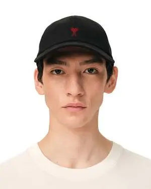 AMI Paris Cotton De Coeur Embroidery Cap - Black