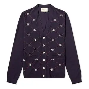 Gucci Gg Jacquard And Bee Cardigan - Dark Blue