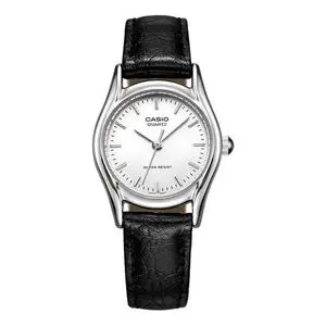 Casio Analog Quartz Watch With Black Leather Strap - Silver