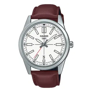 Casio Analog Watch With Leather Strap And Date Display