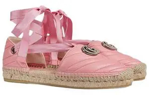 Gucci Pink Quilted Leather Espadrille Sandals With Ribbon Ties