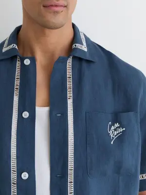 REISS Yamal Linen Embroidered Cuban-collar Shirt