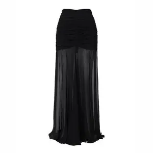 LITA COUTURE Ruched Georgette Silk Maxi Skirt - Black