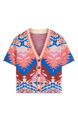 Boden Short Sleeve Jacquard V-neck Cardigan