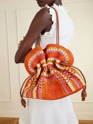 Loewe Mini Crocheted Raffia Clutch With Leather Trim - Orange