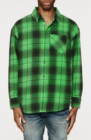 PURPLE BRAND Oversize Plaid Snap-up Western Shirt - Green
