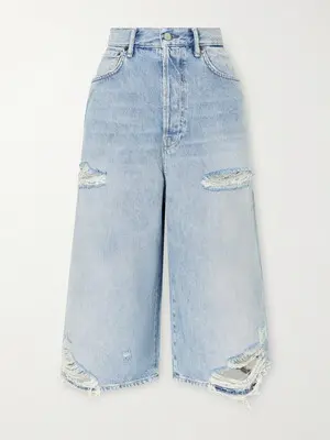Acne Studios Judda U Light Crow Distressed Wide-leg Denim Shorts
