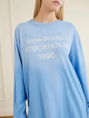 Acne Studios Distressed Logo Printed Long Sleeve T-shirt - Blue