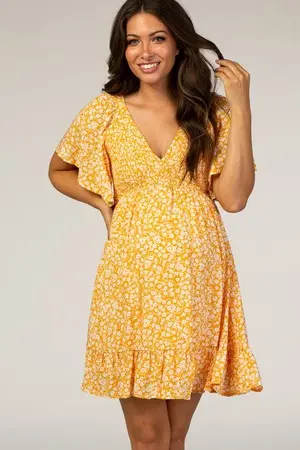 PINKBLUSH Floral Smocked Ruffle Dress - Yellow