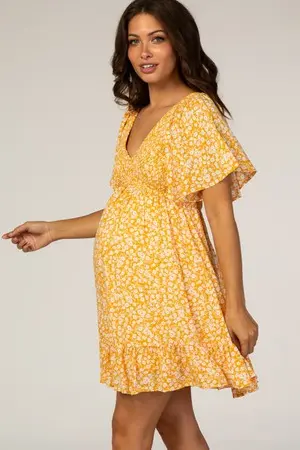 PINKBLUSH Floral Smocked Flutter Sleeve Maternity Dress