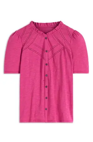 Boden Lace Trim Short Sleeve Cotton Button-up Shirt