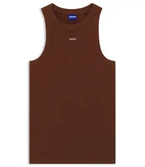 Hugo Ribbed Stretch Cotton Tank Top With Blue Logo Label - Brown