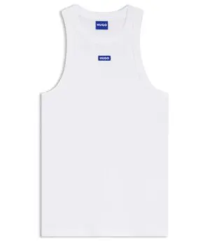 Hugo Ribbed Stretch Cotton Tank Top With Blue Logo Label - White