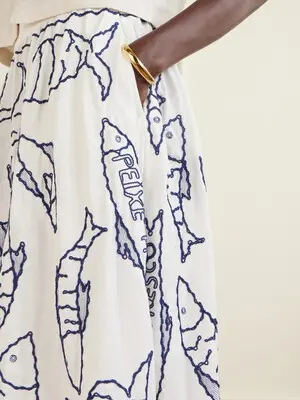 Farm Rio Fresh Fish Embroidered Midi Skirt - Neutrals