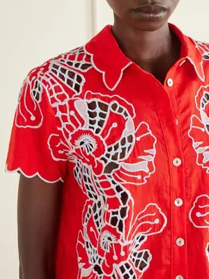 Farm Rio Embroidered Linen-blend Short-sleeve Blouse - Red