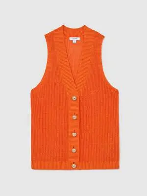 REISS Robin Linen Button-through Knitted Waistcoat - Orange