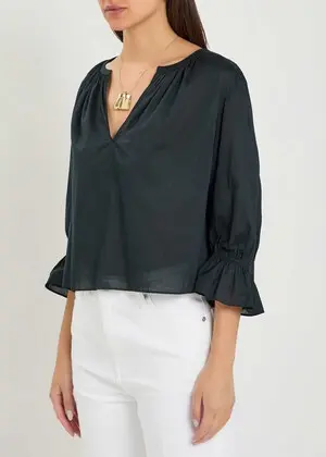 FRAME Poet Gathered Cotton Blouse - Navy