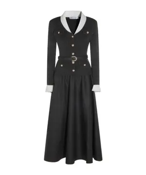 SELF-PORTRAIT Ribbed Knit Midi Dress With Belted Waist - Black
