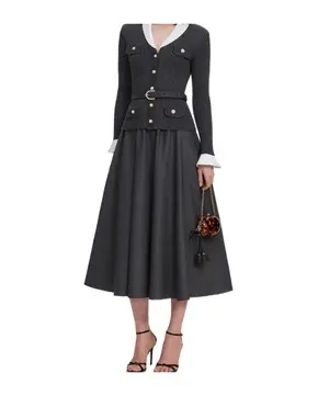 SELF-PORTRAIT Ribbed Knit Midi Dress With Belted Waist - Black