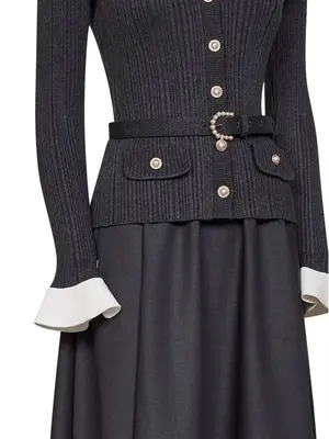 SELF-PORTRAIT Ribbed Knit Midi Dress With Belted Waist - Black