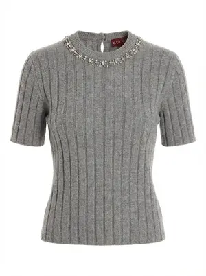 Gucci Ribbed Wool And Cashmere Top With Crystal Embellished Collar