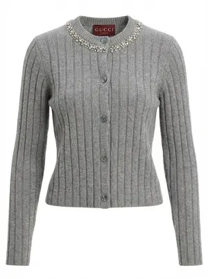 Gucci Ribbed Wool And Cashmere Cardigan With Embellished Neckline