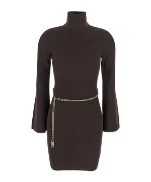 Michael Kors Ribbed Turtleneck Mini Dress With Chain Detail