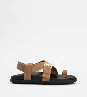 TOD'S Suede Thong Sandals With Buckle Detail - Brown