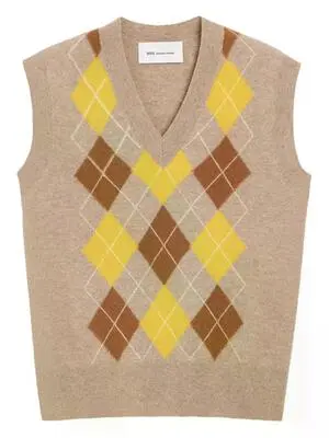 AMI Paris Argyle V-neck Sleeveless Top - Neutrals