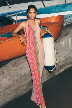 SIEMPRE Slim Knit Maxi Dress With V-neckline - Multi Stripe