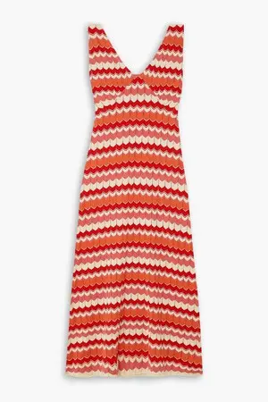 Rixo Sandrine Striped Open-knit Cotton Midi Dress - Red