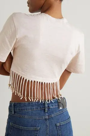 Rabanne Cropped Fringed Embellished Cotton-jersey T-shirt