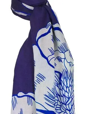 Kinross Cashmere Floral-print Fringed Scarf - Blue