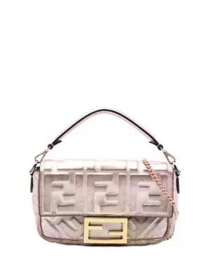Fendi Mini Zucca Embossed Metallic Leather Baguette Satchel - Pink