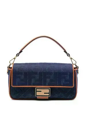 Fendi Zucca Embroidered Denim Baguette Satchel - Blue