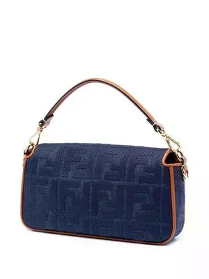 Fendi Zucca Embroidered Denim Baguette Satchel - Blue