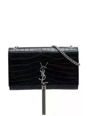Saint Laurent Medium Croc Embossed Leather Kate Tassel Crossbody Bag - Black