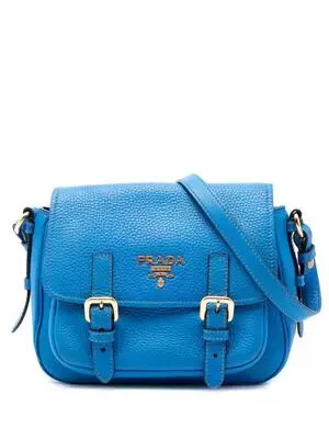 Prada Vitello Daino Double Buckle Messenger Bag - Blue