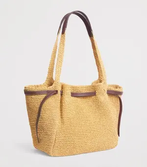 Tory Burch Raffia Leather Romy Tote Bag - Beige