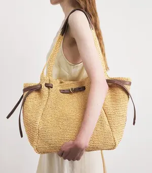 Tory Burch Raffia Leather Romy Tote Bag - Beige