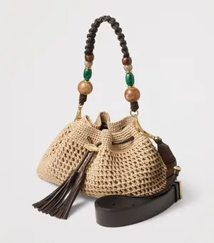 JIMMY CHOO Medium Raffia Crochet Bucket Bag With Beaded Embellishments