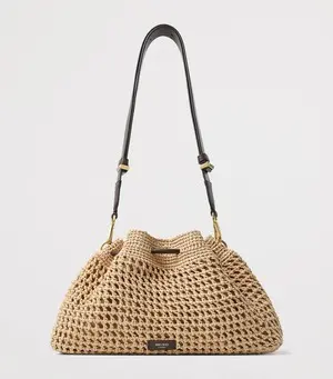 JIMMY CHOO Medium Raffia Crochet Bucket Bag With Beaded Embellishments