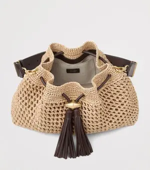 JIMMY CHOO Medium Raffia Crochet Bucket Bag With Beaded Embellishments