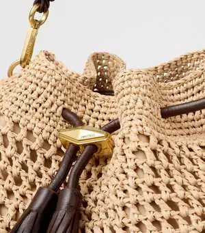 JIMMY CHOO Medium Raffia Crochet Bucket Bag With Beaded Embellishments