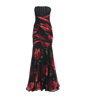 Carolina Herrera Silk Chiffon Floral Bustier Gown - Black