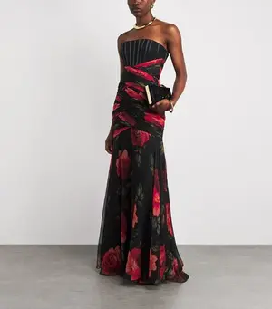 Carolina Herrera Silk Chiffon Floral Bustier Gown - Black