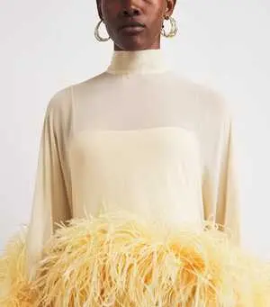 TALLER MARMO Silk Crepe Chiffon Kaftan Maxi Dress With Ostrich Feather Trim
